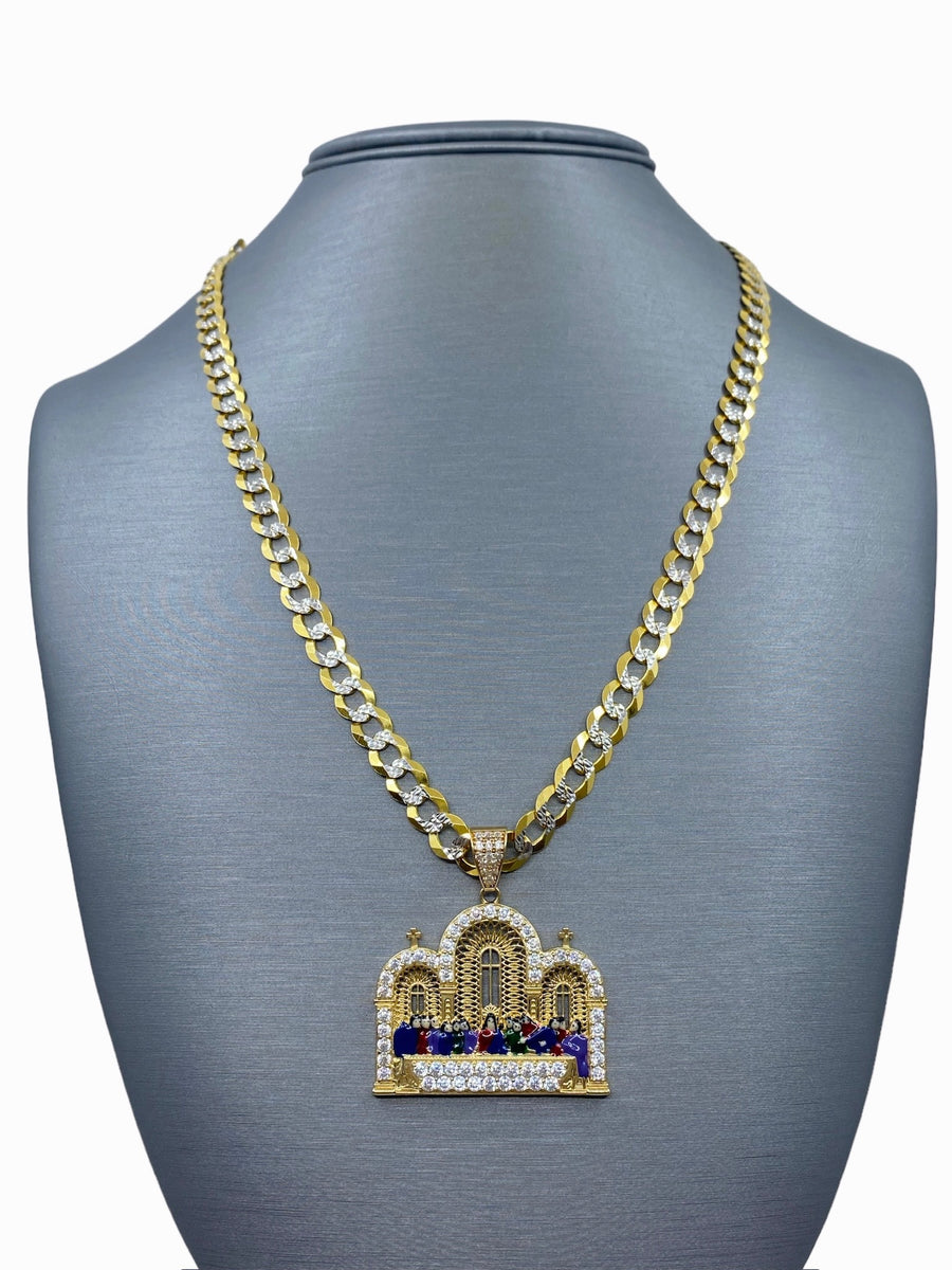 "NEW" 14K GOLD MEN'S SOLID CLASSIC CUBAN 2TONE CHAIN WITH SANTA CENA M ...