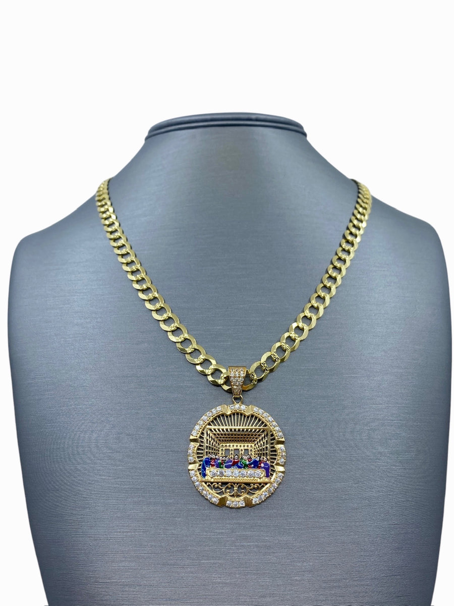 "NEW" 14K GOLD MEN SOLID CURB CUBAN CHAIN WITH ULTIMA CENA MEDIUM PEND ...