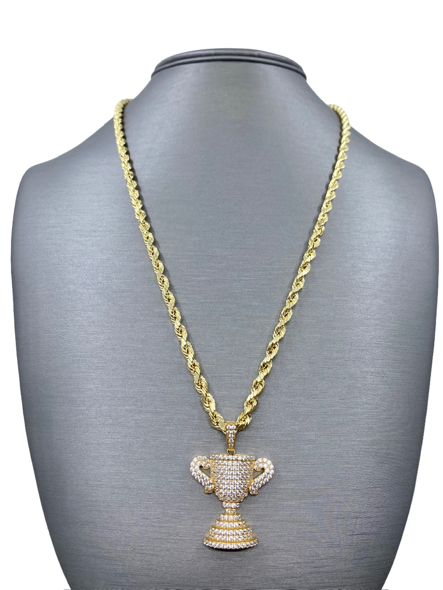 "NEW" 14K GOLD MEN'S HOLLOW ROPE CHAIN WITH TROPHY ZC PENDANT (MEDIUM ...